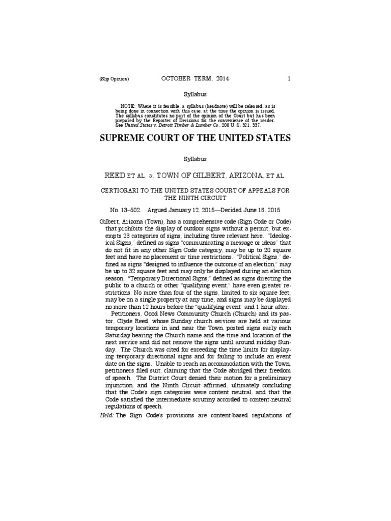 Reed v. Town of Gilbert (2015) | PDF | Government Of The United States ...