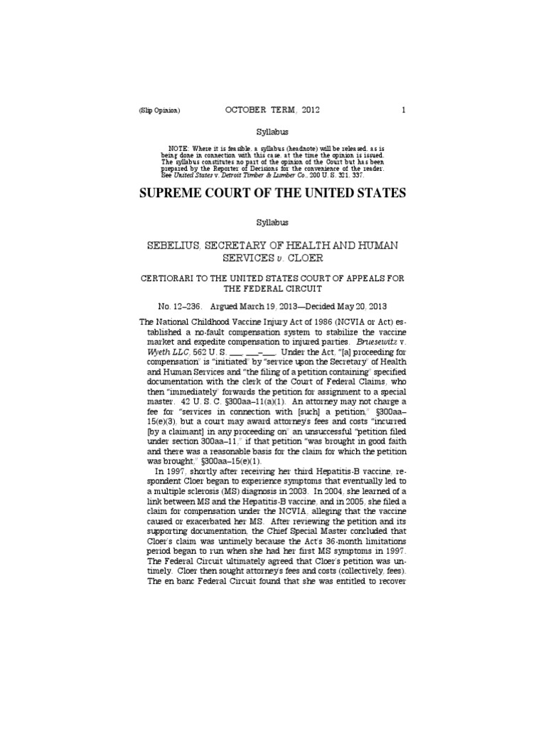 Sebelius v. Cloer, 133 S. Ct. 1886 (2013) | PDF | Attorney's Fee ...