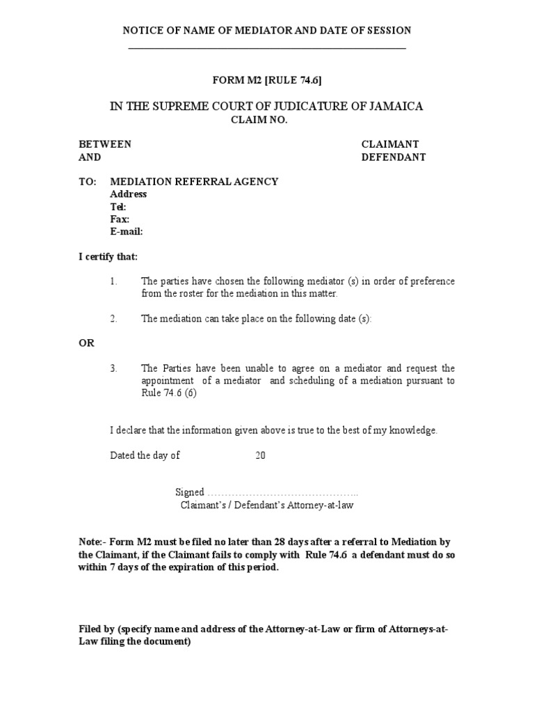 Form m2 Notice of Name of Mediator and Date of Session | PDF | Law