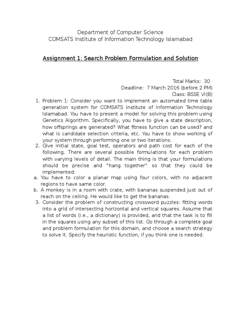 Assignment 1: Search Problem Formulation and Solution | PDF | Teaching ...