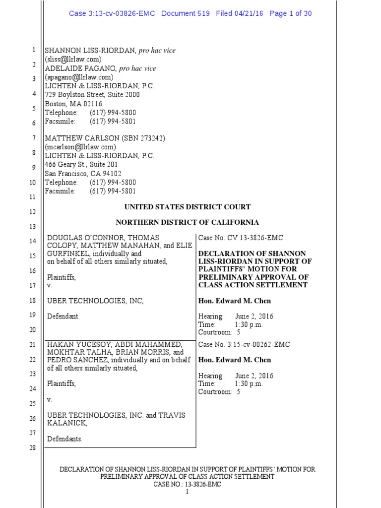UBER 2016-04-21 (519) SLR Declaration | PDF | Class Action | Overtime
