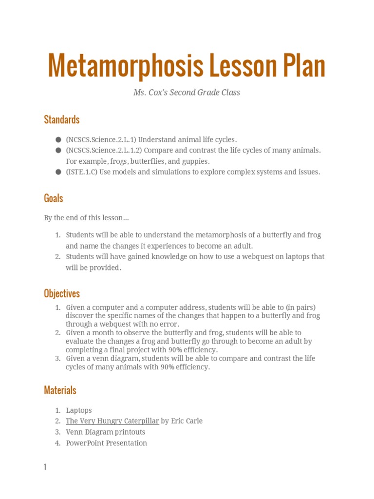 Metamorphosis Lesson Plan: Standards | PDF | Butterfly | Frog