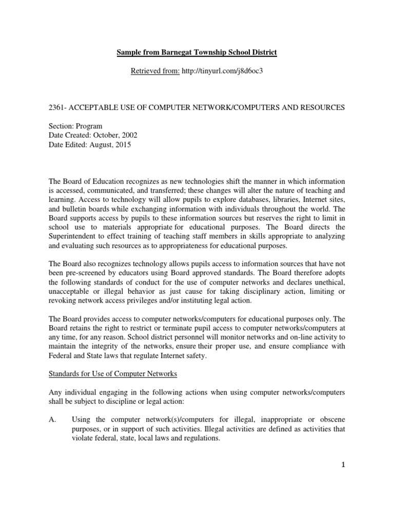 Barnegat Township Acceptable Use Policy Aup Sample | PDF | Internet ...