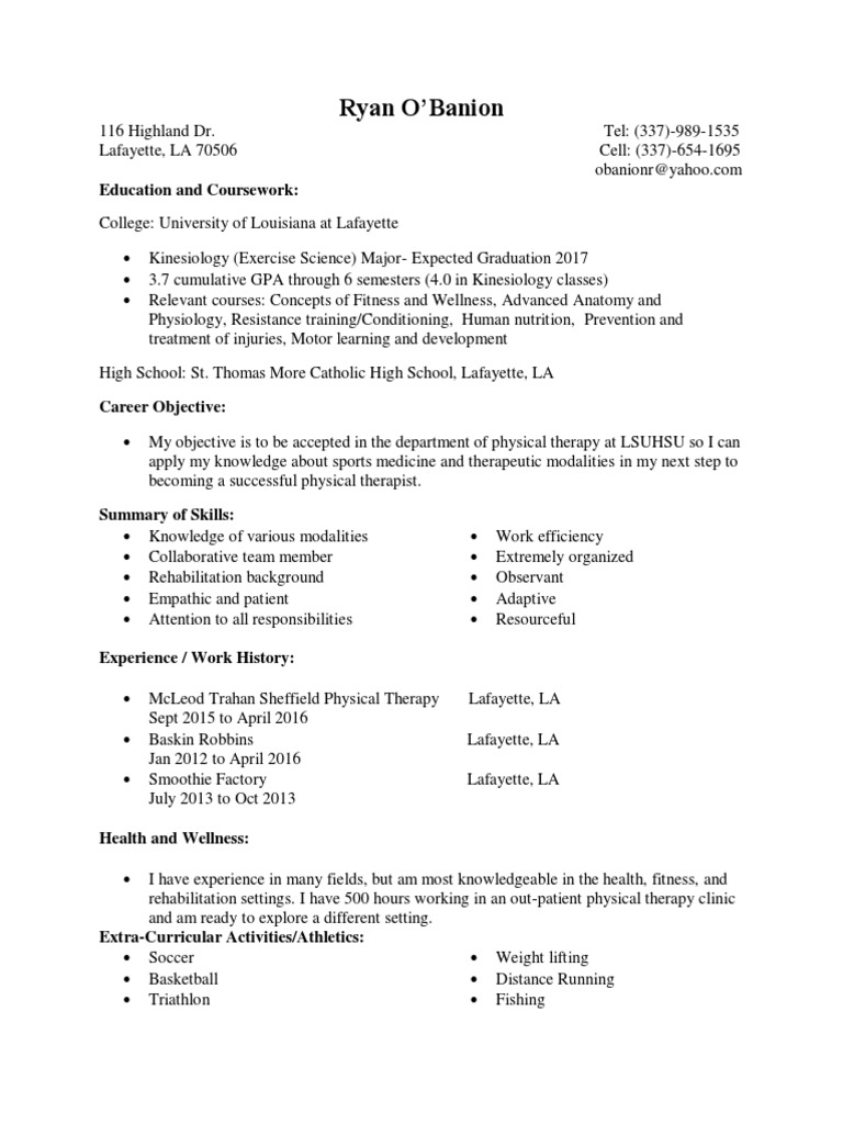Ryan O’Banion's Kinesiology Resume | PDF | Career & Growth