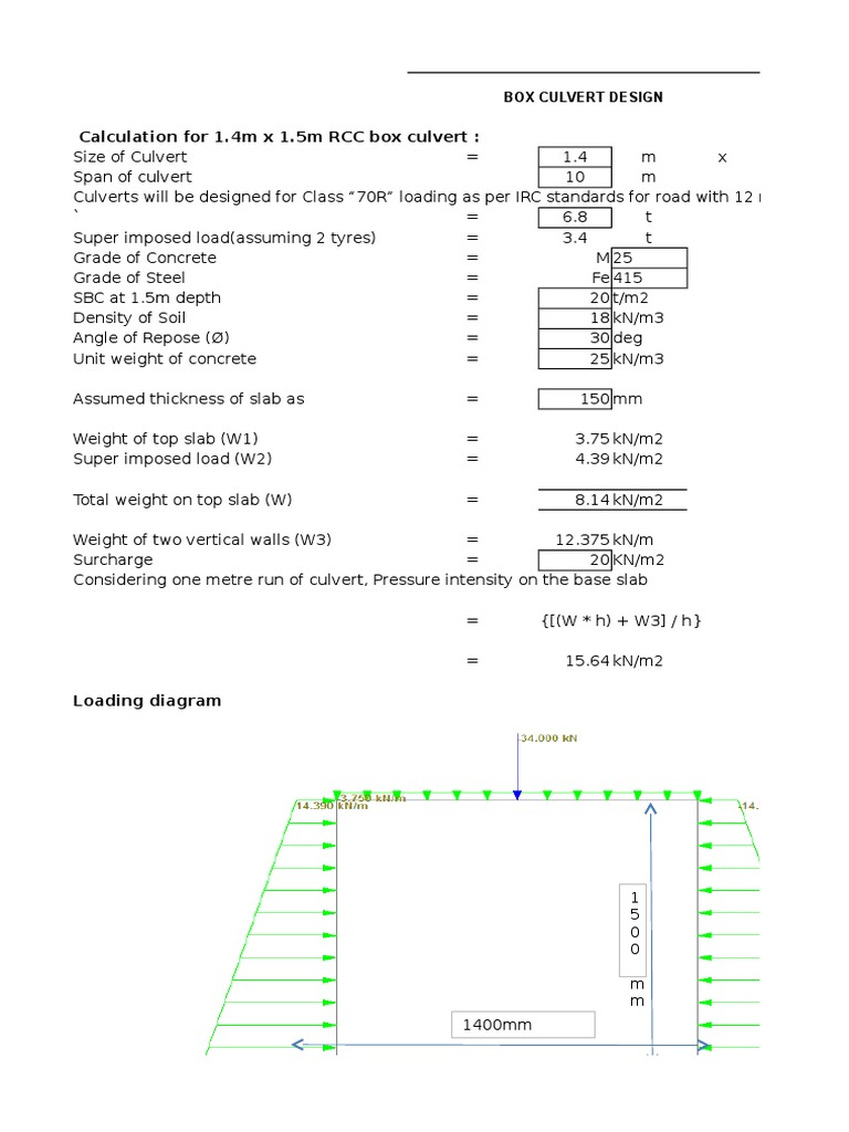 Calculation For 1.4m X 1.5m RCC Box Culvert | PDF | Mechanics | Structural Engineering