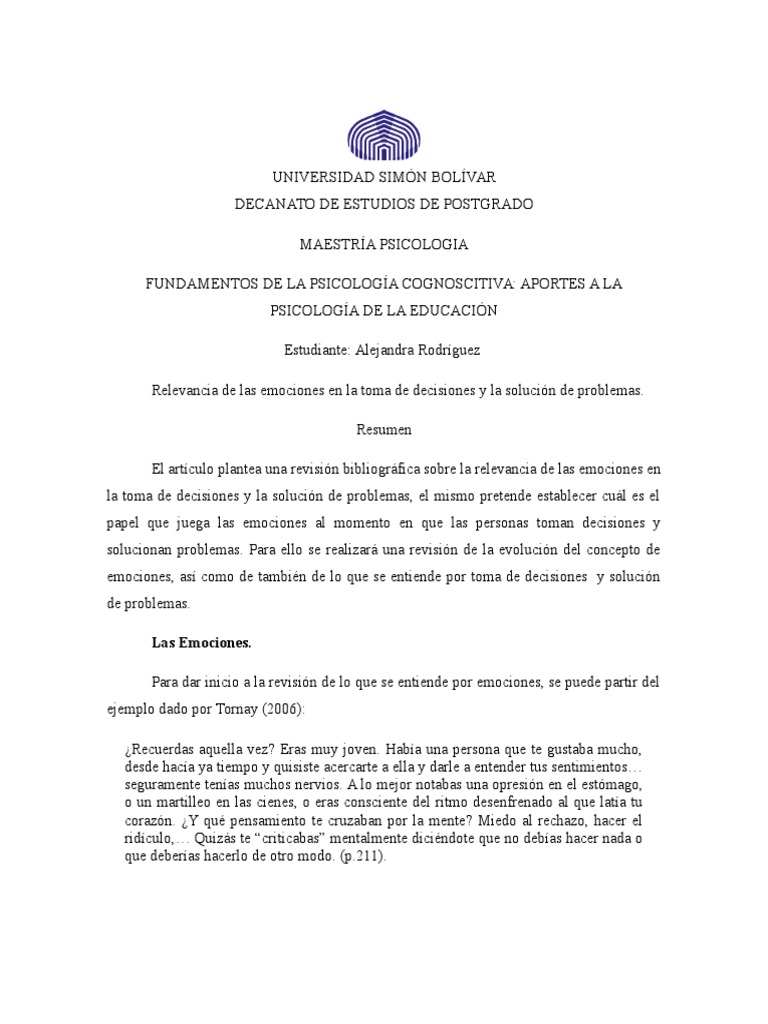 Influencia De Las Emociones En La Toma De Decisiones Pdf Las