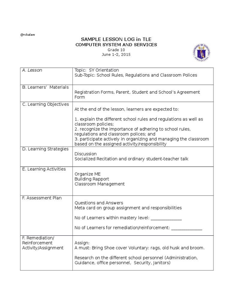 Grade 10 TLE Lesson Log: School Policies | PDF