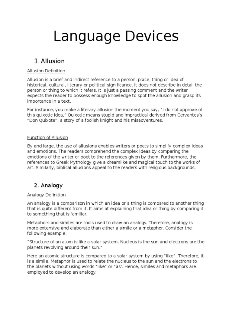 Language Devices: 1. Allusion | PDF | Irony | Metaphor
