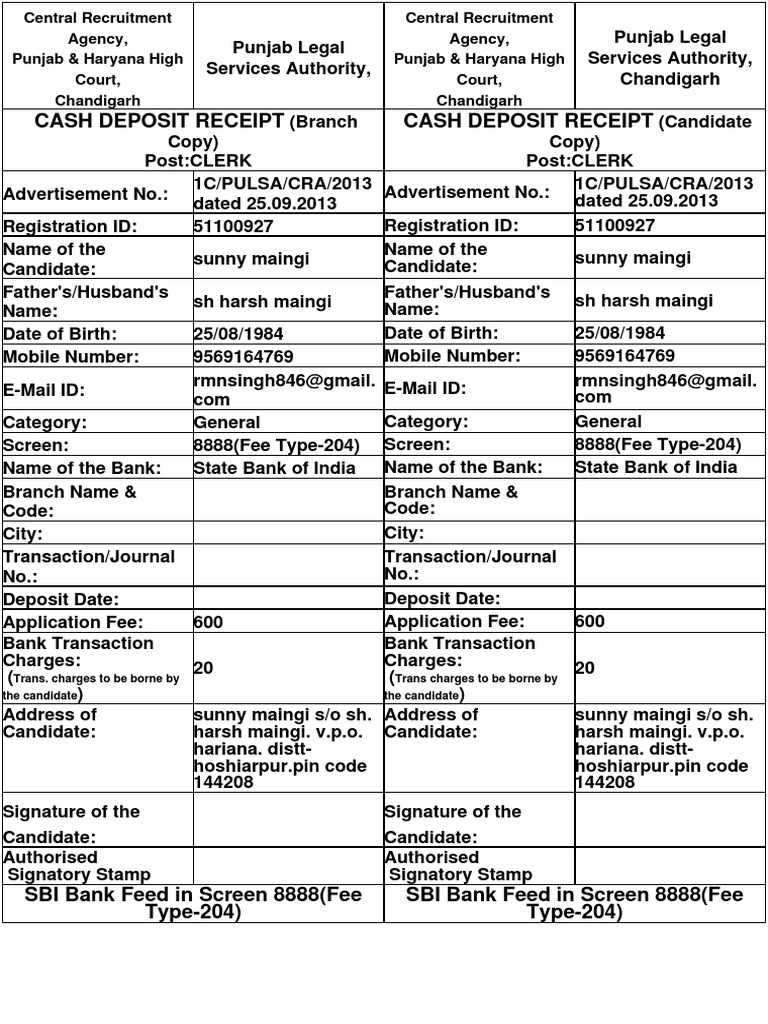 Cash Deposit Receipt Cash Deposit Receipt | PDF