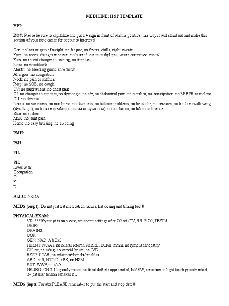 Med H&P Template | PDF