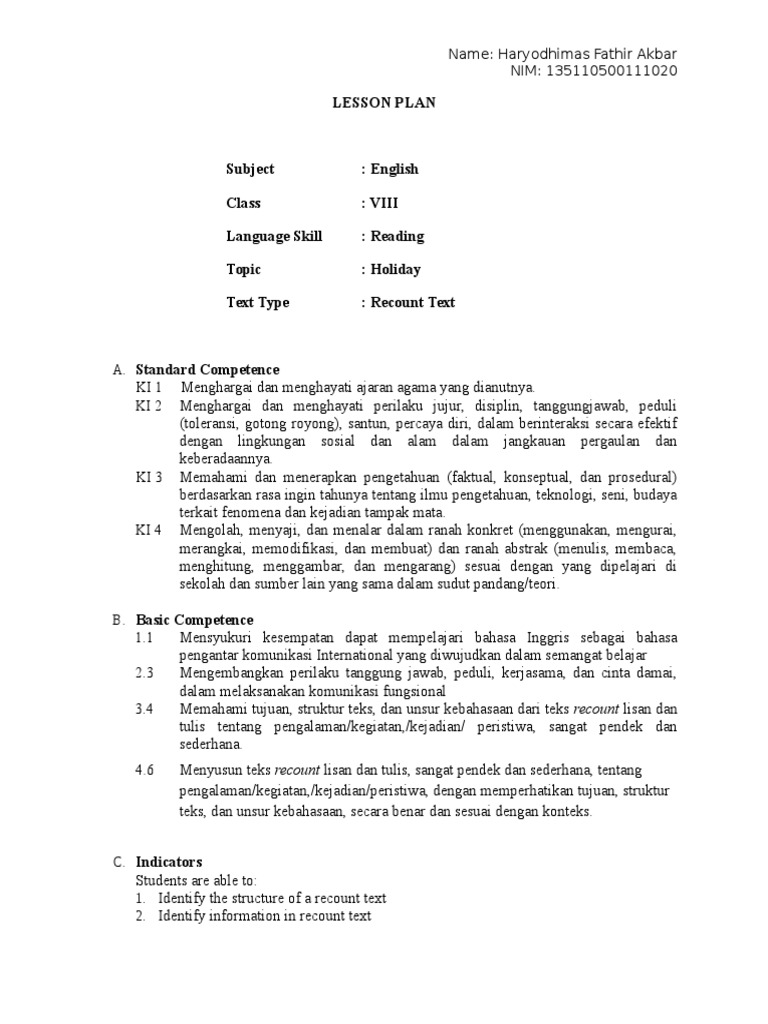 Lesson Plan For 8 Grade of Junior High School | PDF | Pembelajaran ...
