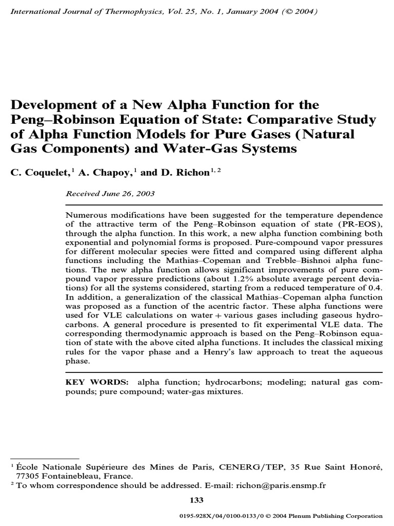 Development of A New Alpha Function For The PREOS Comparative Study of ...