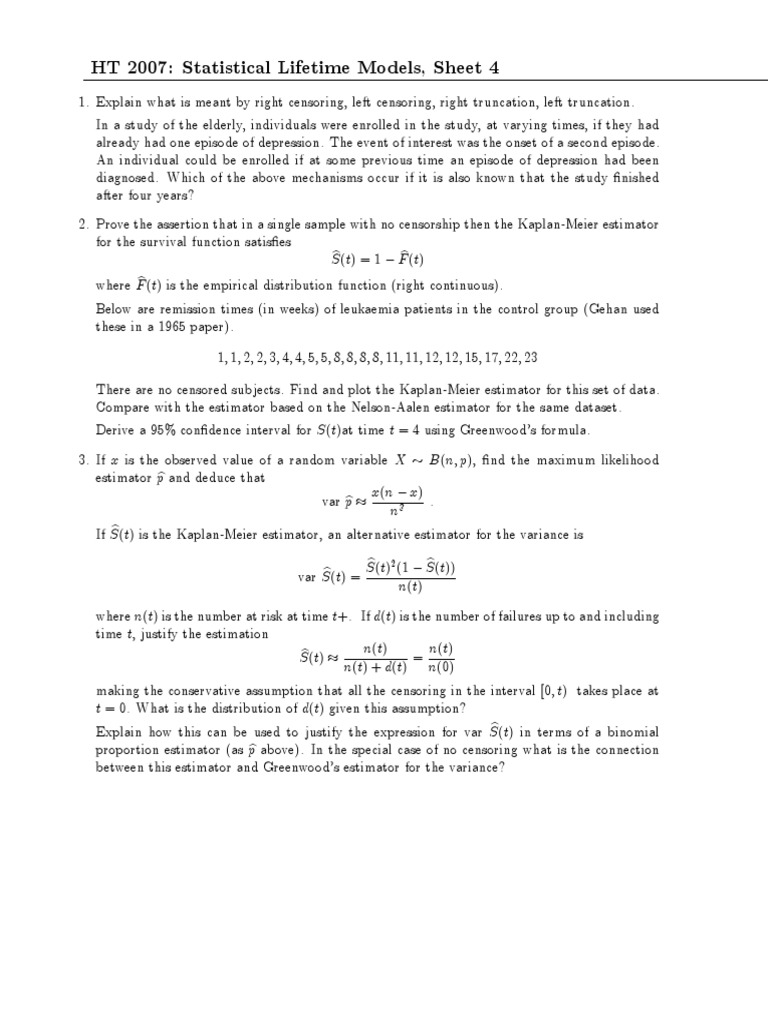 HT 2007: Statistical Lifetime Models, Sheet 4 | Download Free PDF | Estimator | Statistical Theory