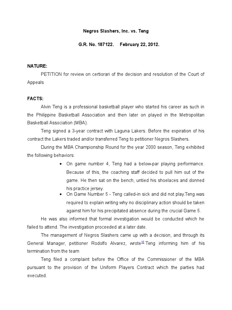 Negros Slashers, Inc. vs. Teng G.R. No. 187122. February 22, 2012 | PDF ...