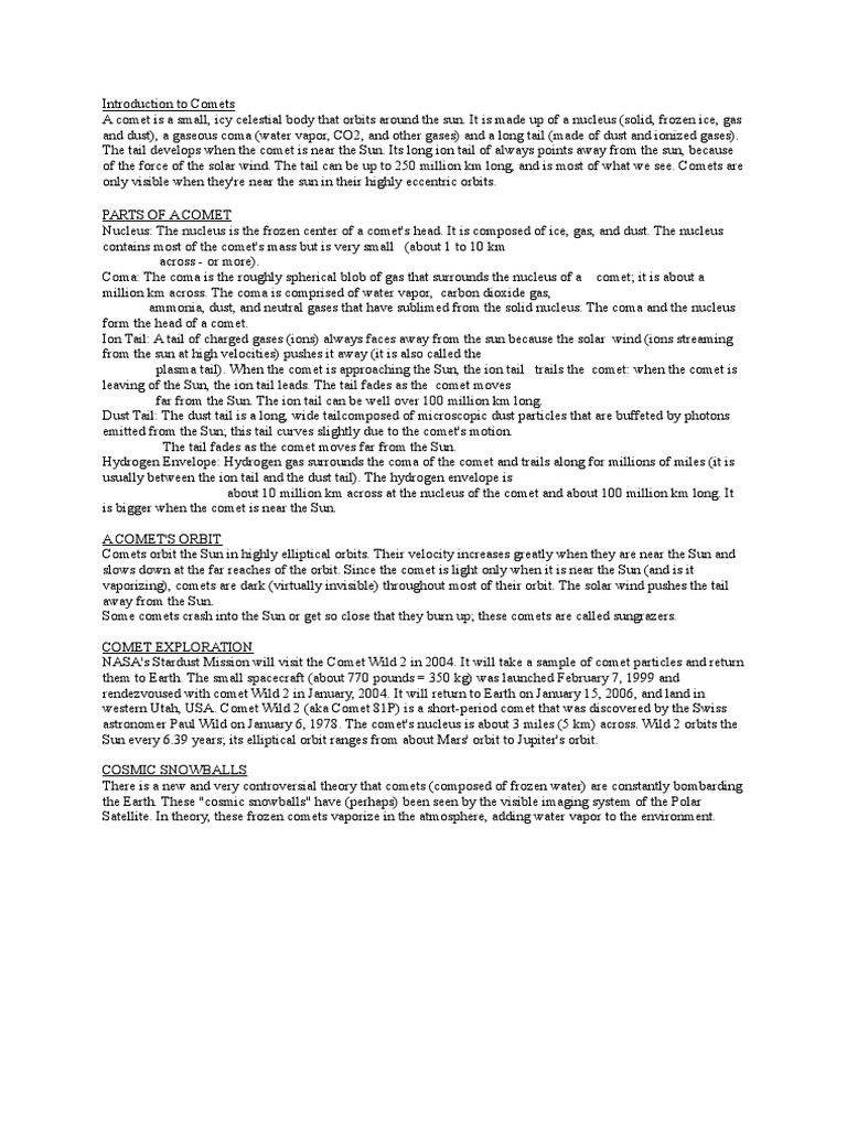 Introduction To Comets | PDF | Comet | Sun