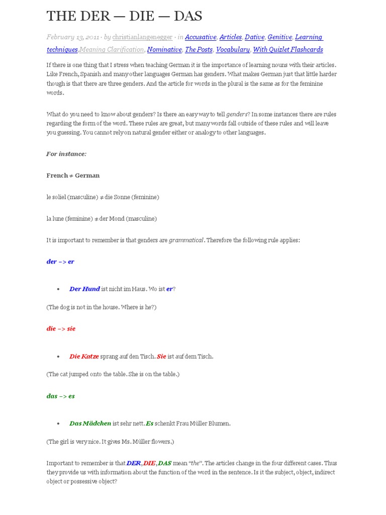 Der Die Das | PDF | Grammatical Gender | Subject (Grammar)