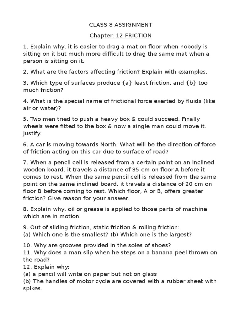 Friction Assignment Class 8 CBSE | PDF