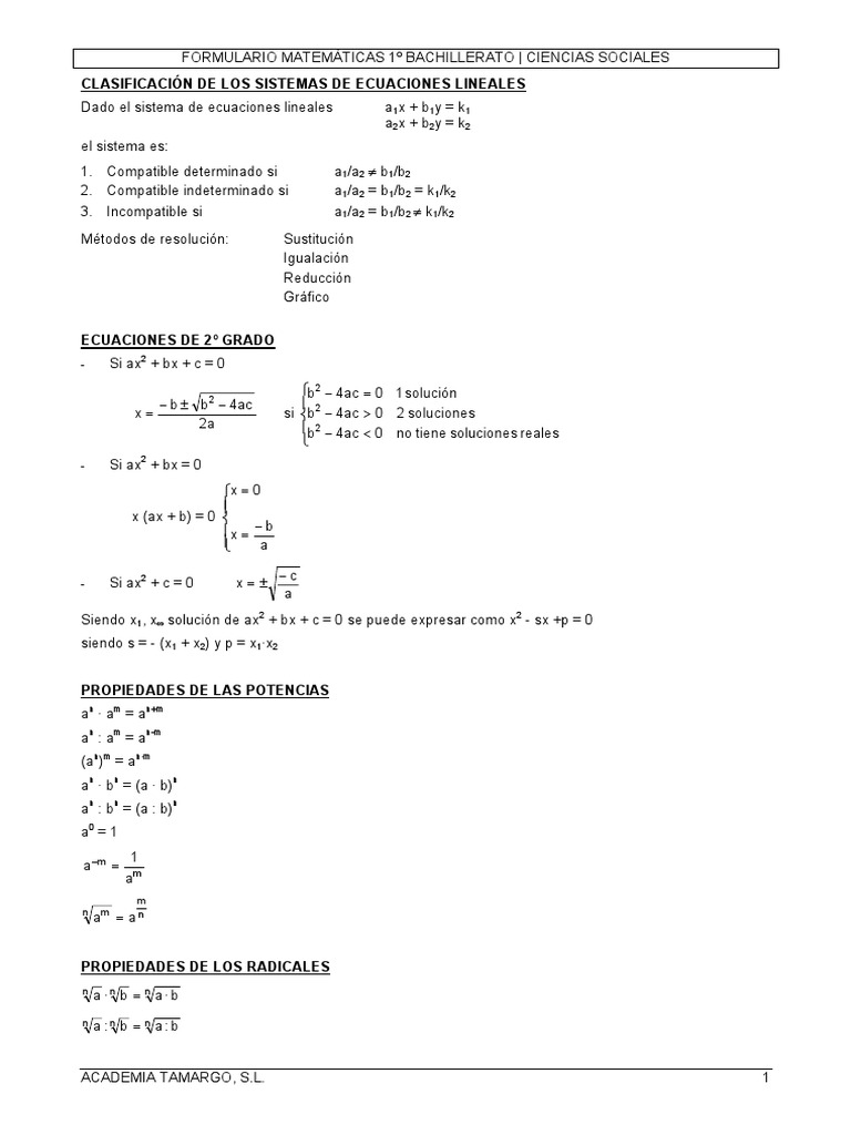 Formulario de Matemáticas para 1o de Bachillerato: Resolución de Sistemas de Ecuaciones ...