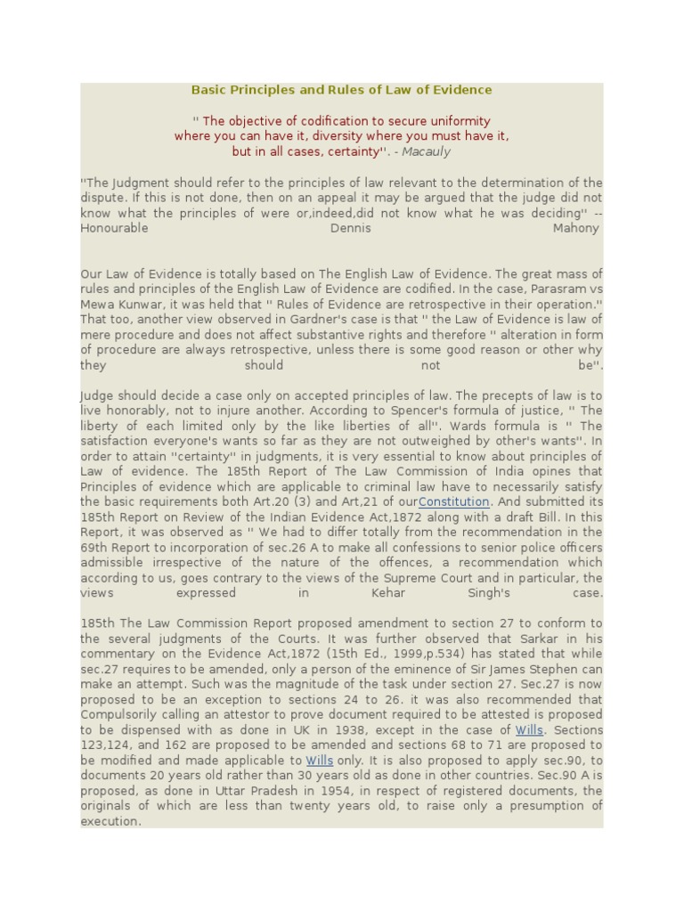 Basic Principles and Rules of Law of Evidence | PDF | Evidence (Law ...