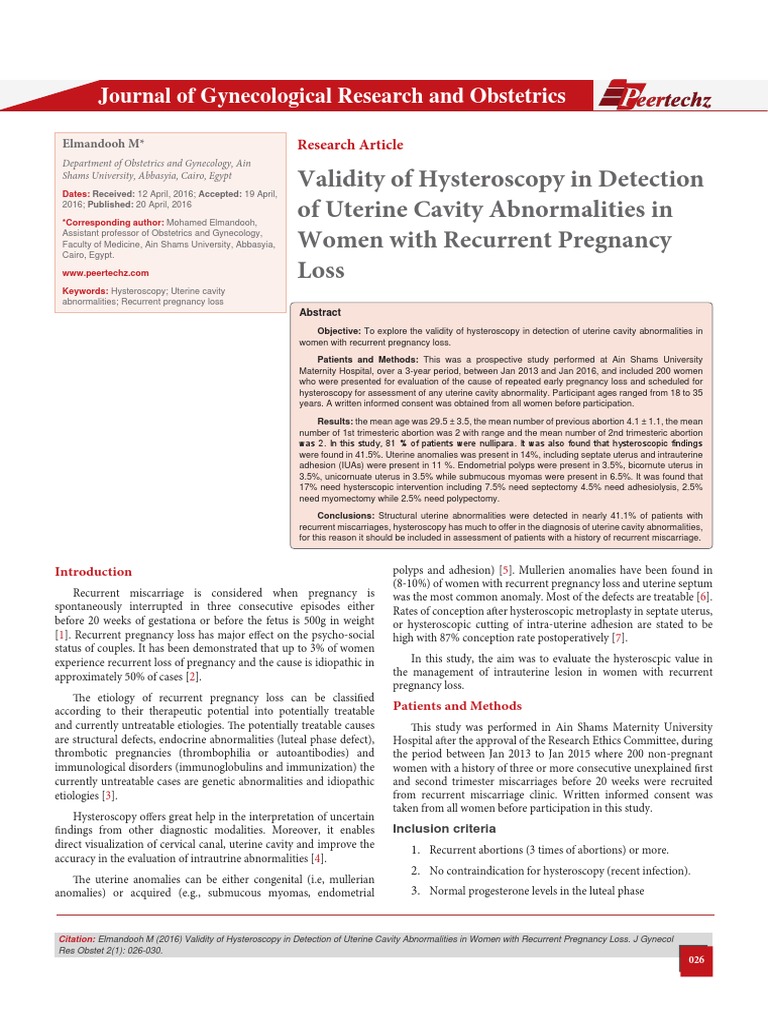Validity of Hysteroscopy in Detection of Uterine Cavity Abnormalities ...