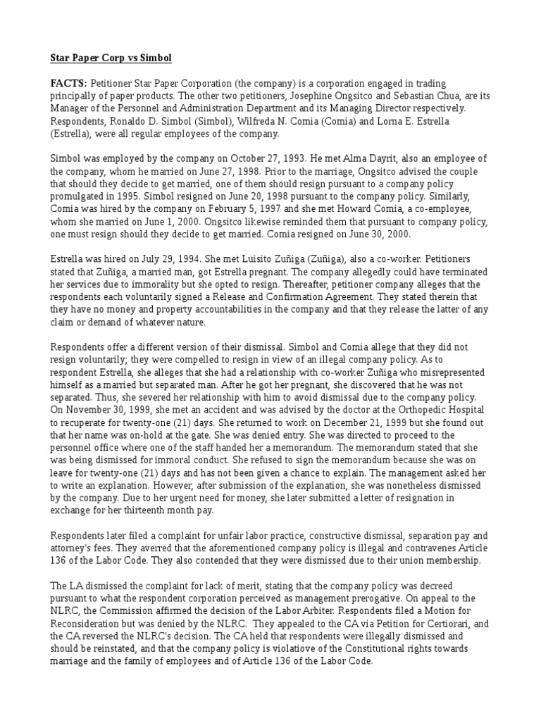 Star Paper Corp's Illegal Spouse Policy | PDF | Disparate Treatment ...