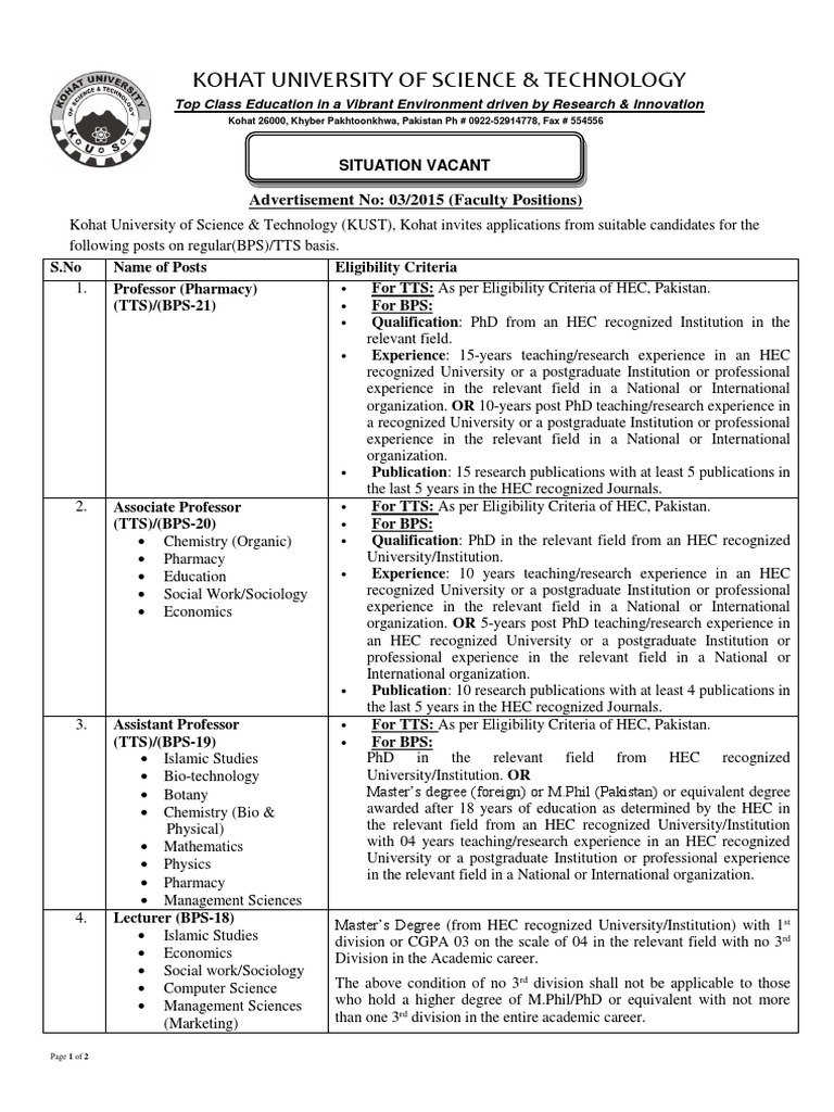 Lecturer Positions at KUST | PDF | Academic Degree | Doctor Of Philosophy