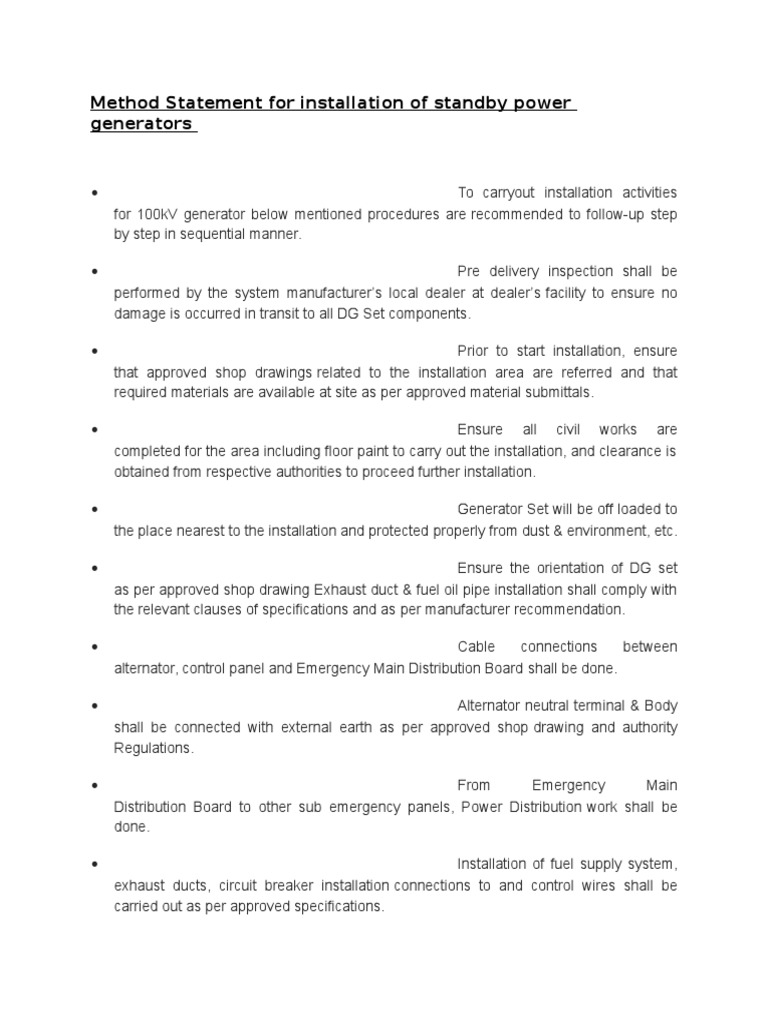 Method Statement For Installation of Standby Power Generators | PDF ...