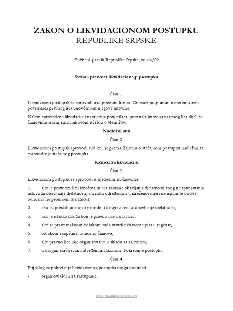 Zakon o Likvidacionom Postupku Republike Srpske | PDF