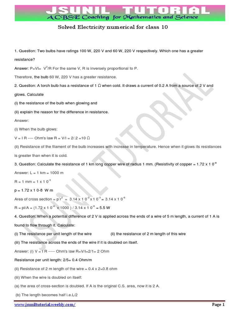 Solved Electricity Numerical For Class 10 | PDF | Volt | Electric Current Solved Electricity Numerical For Class 10 | PDF | Volt | Electric Current