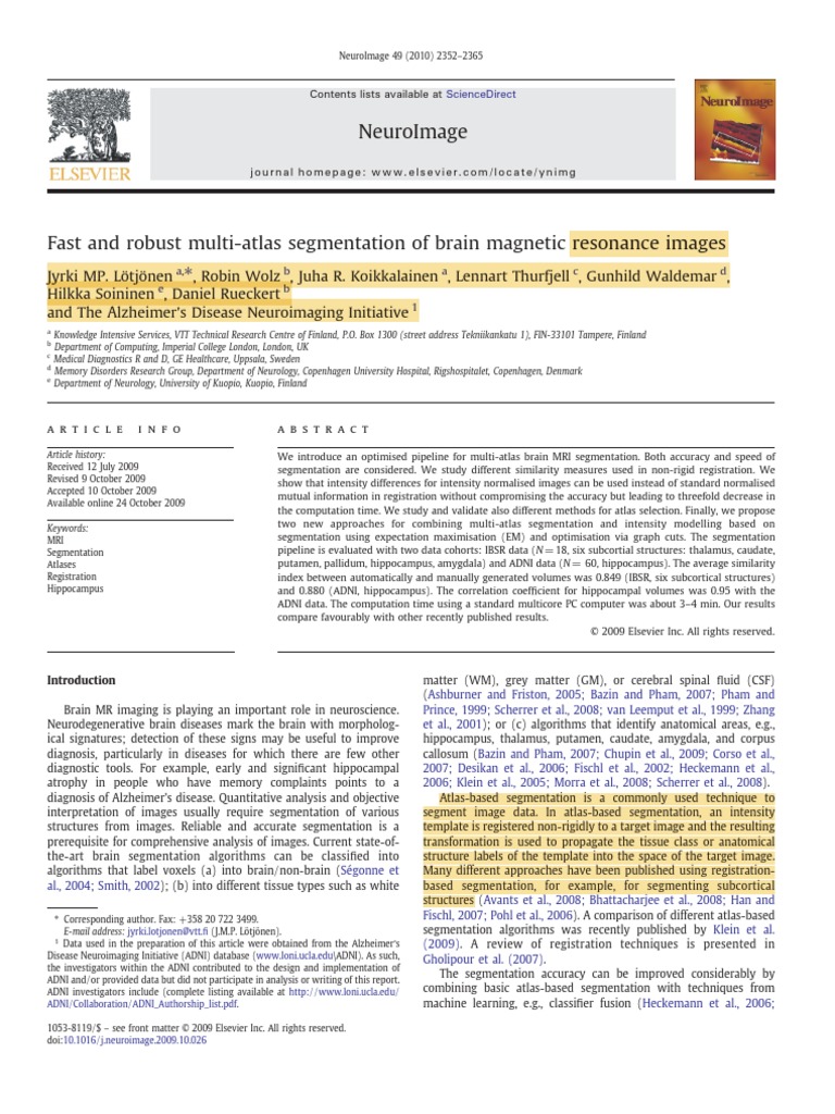 Fast and Robust Multi-Atlas Segmentation of Brain Magnetic Resonance Image | PDF | Image ...