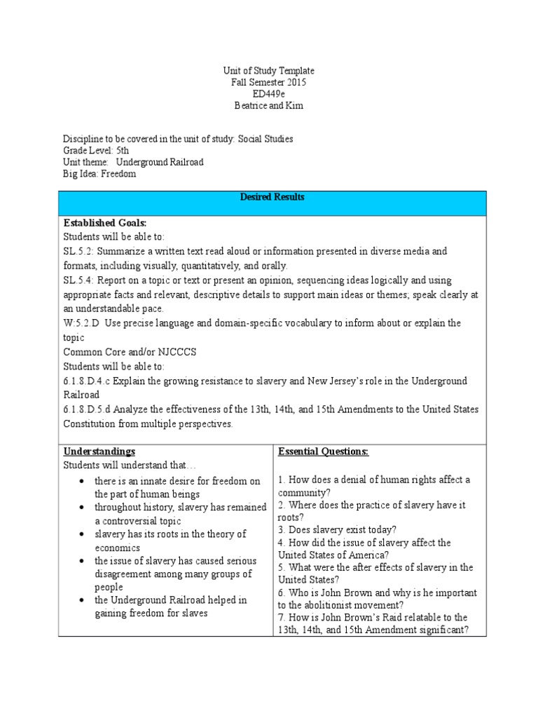 Fifth Grade Unit Study Underground Railroad | PDF | Underground ...