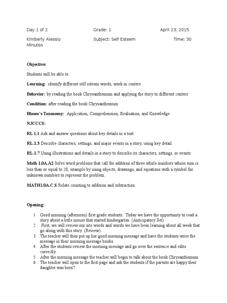 First Grade Lesson Plan Chrysanthemum Emotions | PDF | Reading ...