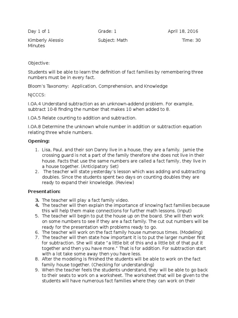First Grade Lesson Plan Fact Families | PDF | Worksheet | Classroom