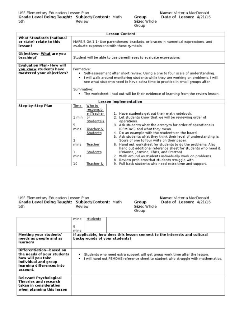 5th Grade Math Lesson Plan: Order of Operations | PDF | Career & Growth | Science & Mathematics