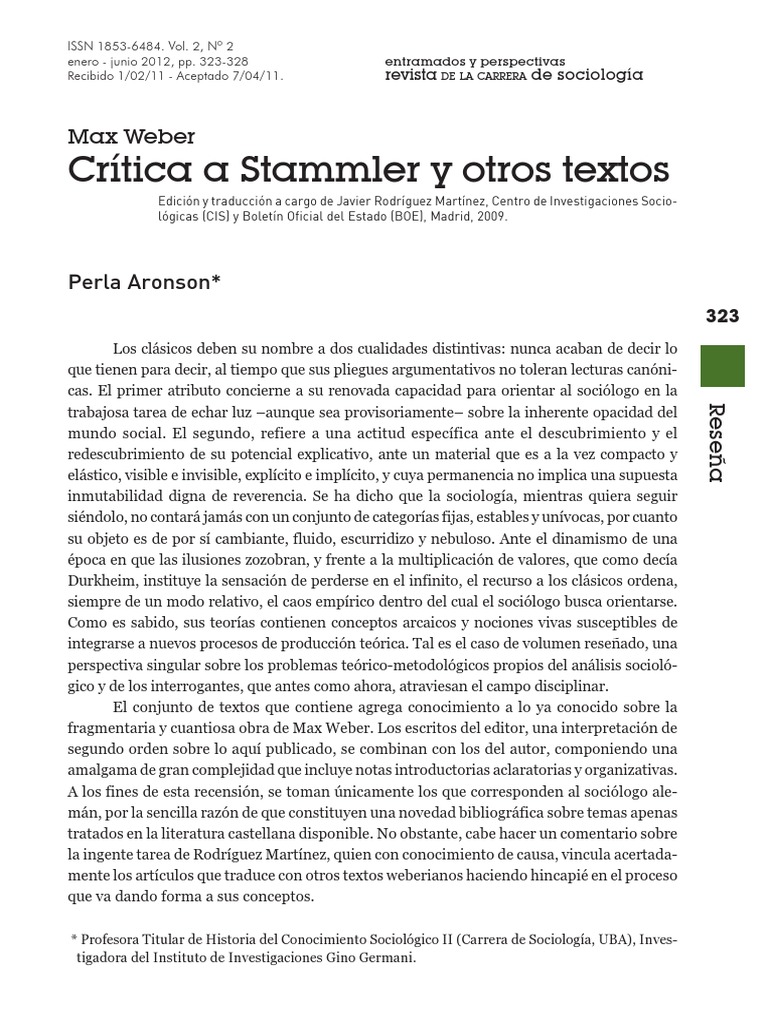 Weber: Crítica A Stammler - Reseña de Perla Aronson | PDF ...