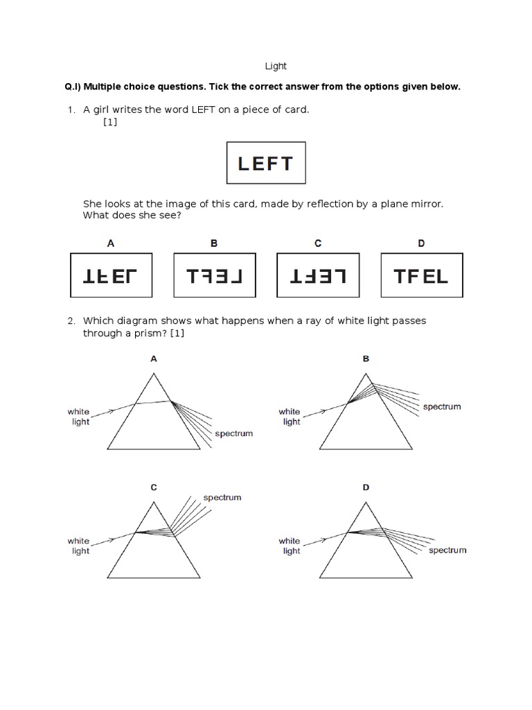 Class Test 1 (Light) | PDF | Refraction | Prism
