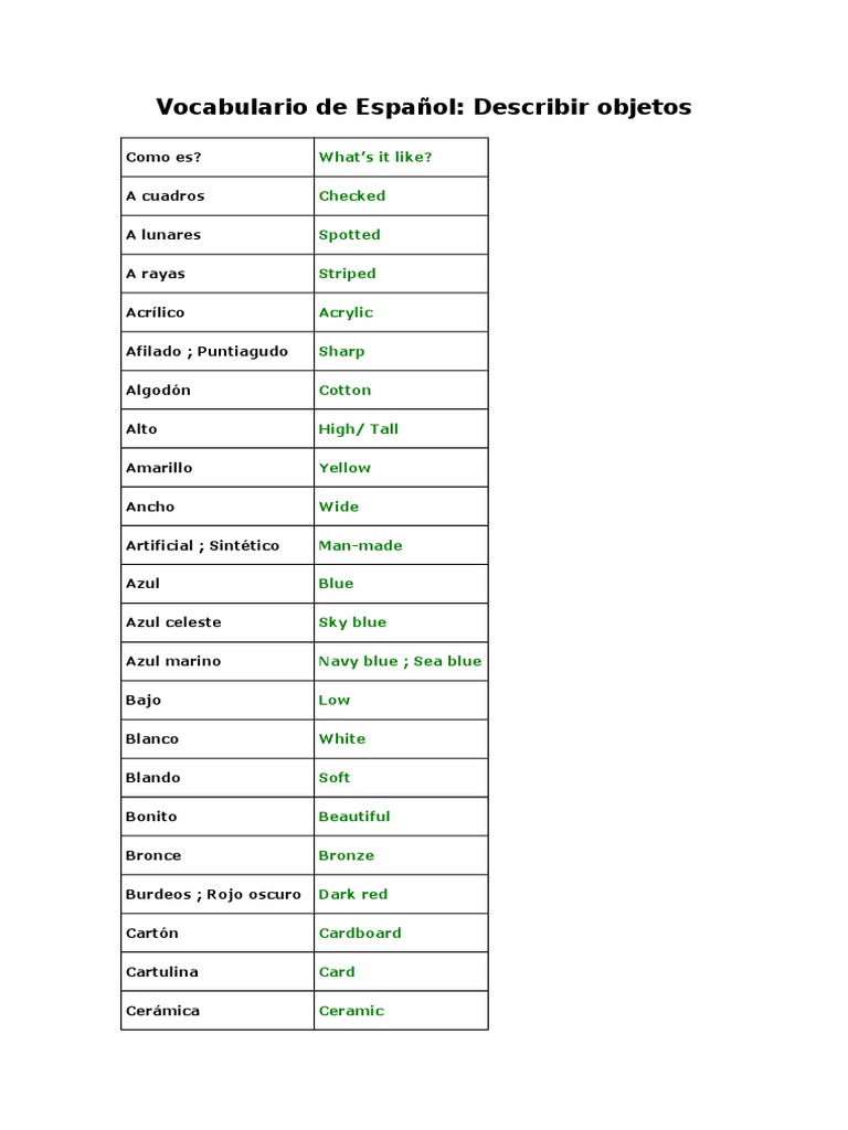 Vocabulario de Español Describir Objetos | PDF