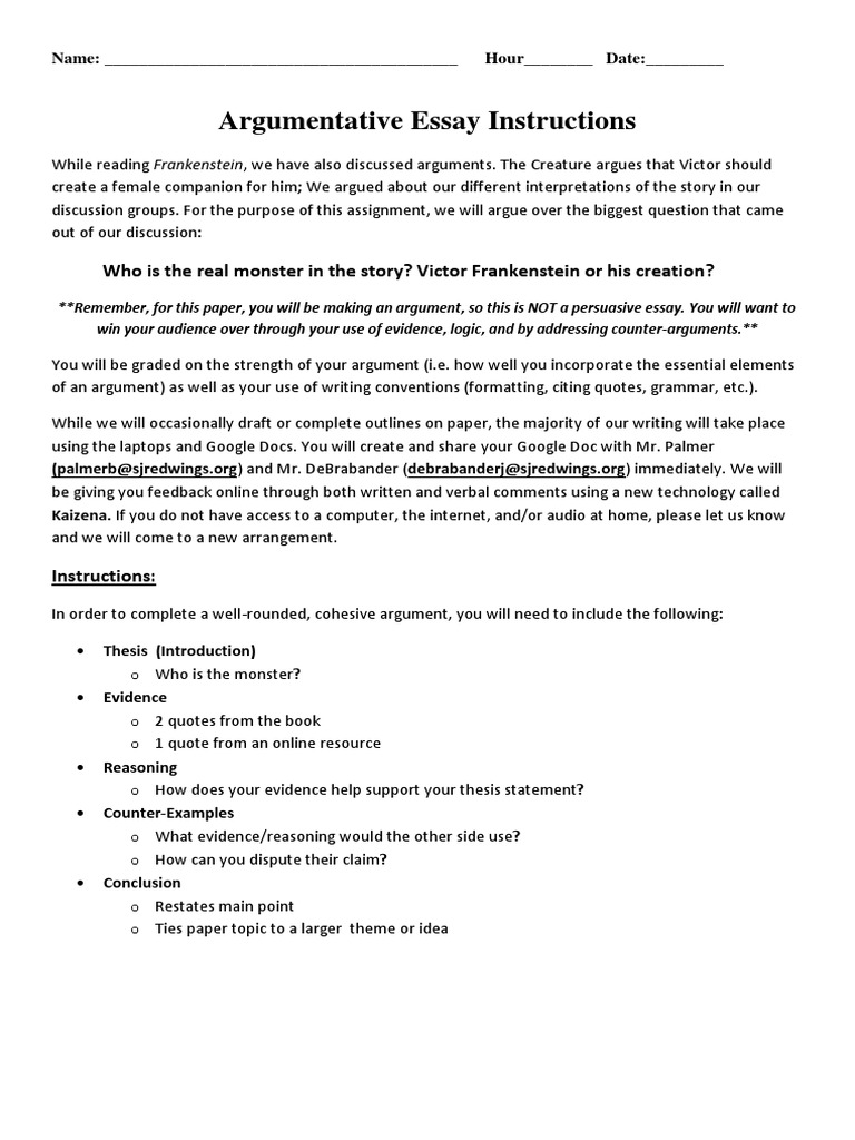 Frankenstein Argumentative Paper Instructions | PDF | Frankenstein ...