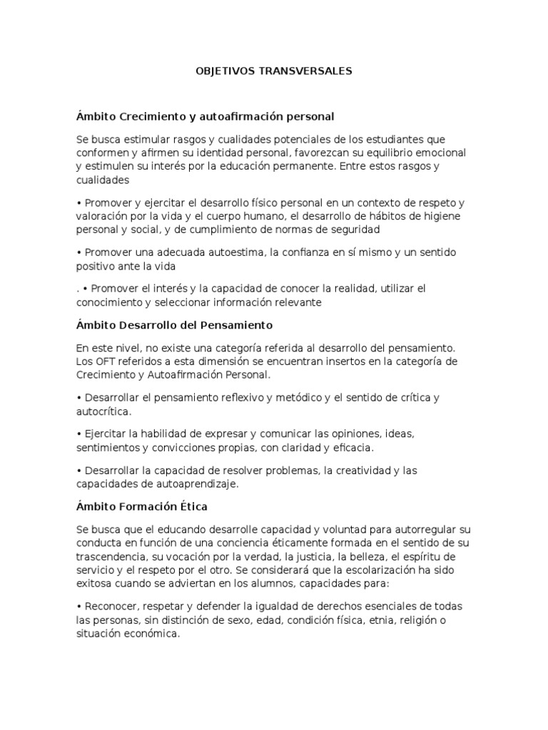 Objetivos Transversales en Educación | PDF | Autoestima | Conceptos ...