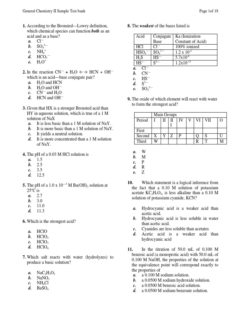 General Chemistry II Sample Test Bank Questions | PDF | Chemical ...