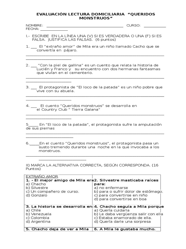 Evaluacion de Lectura Complementaria Queridos Monstruos | PDF