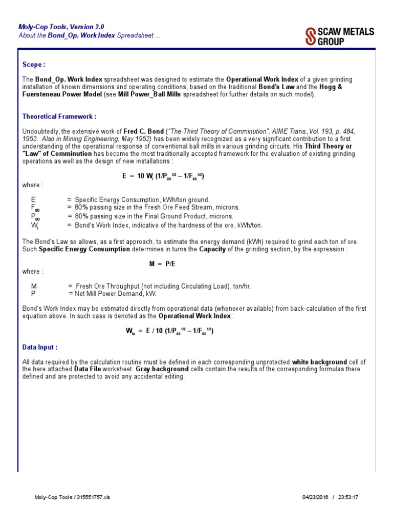 Bond Op. Work Index | PDF | Mill (Grinding) | Ton