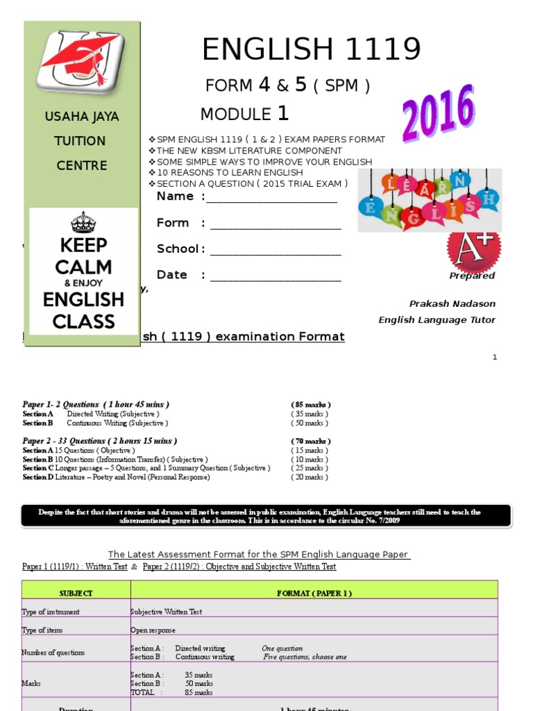 MODULE 1 SPM 2016 - Introduction To 1119 ENGLISH & SECTION A QUESTIONS ...