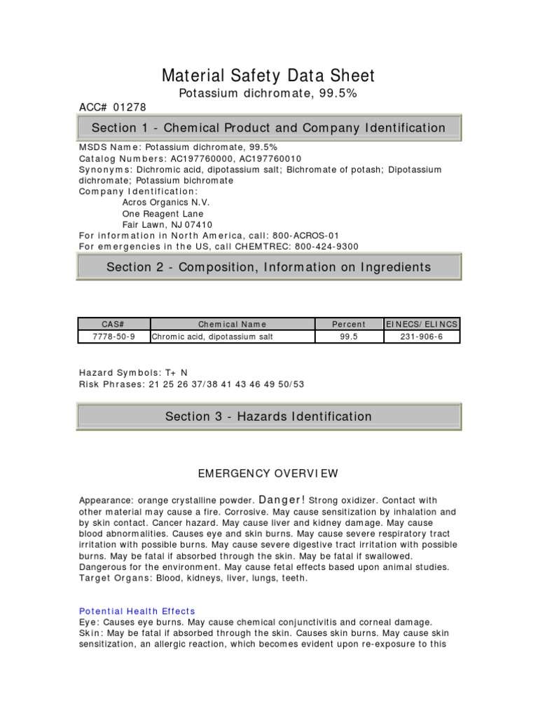 MSDS Potassium Dichromate | PDF | Chromium | Personal Protective Equipment