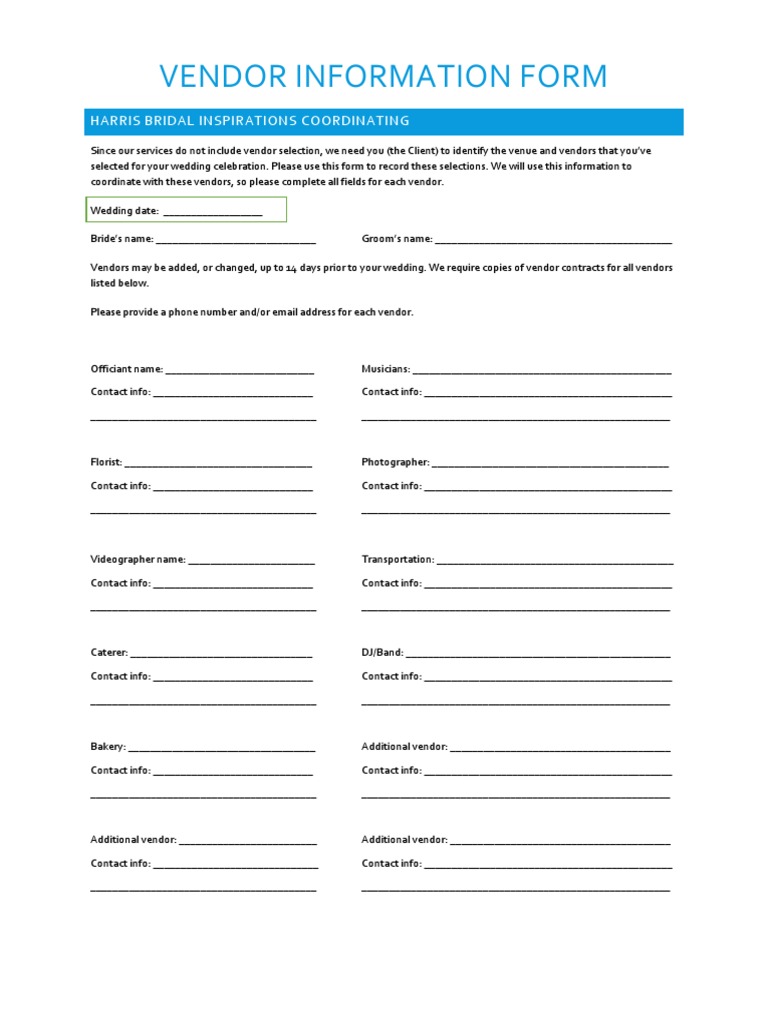 Wedding Vendor Information Form | PDF