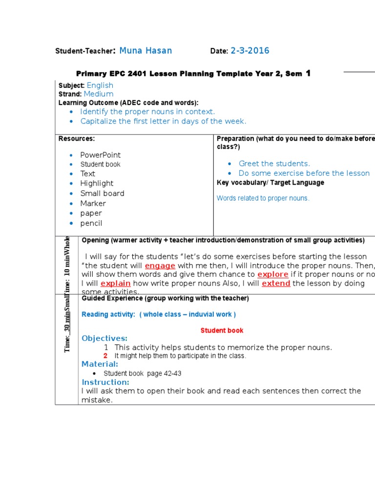 Lesson Plan English Proper Nouns | PDF | Lesson Plan | Reading (Process)