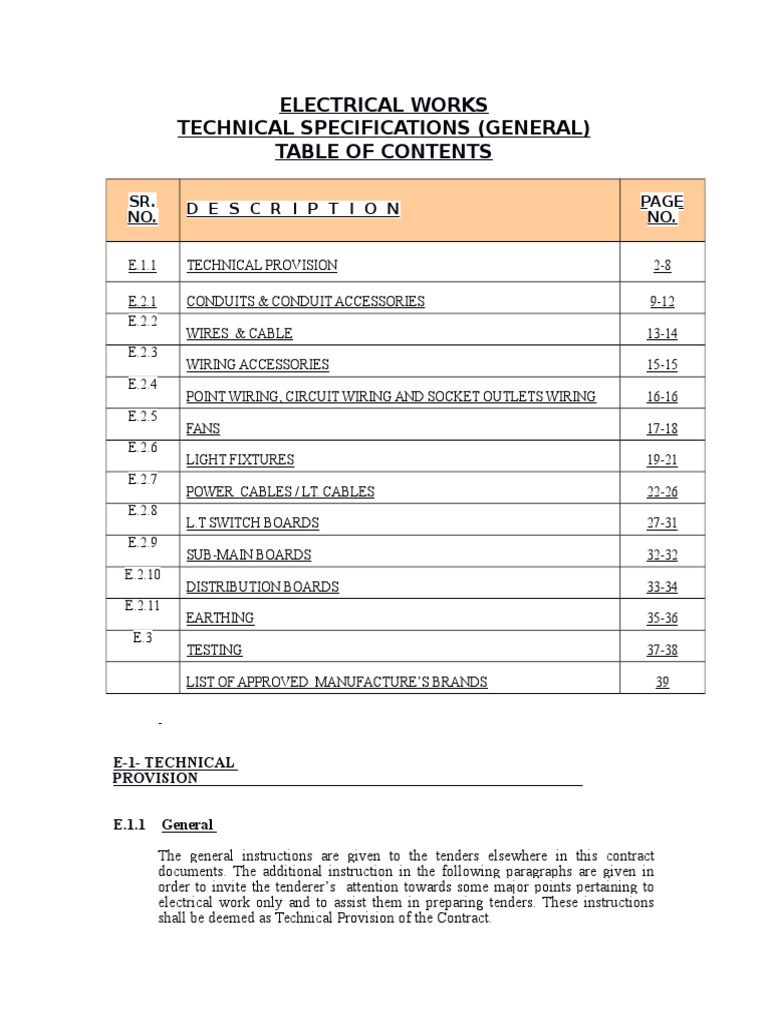 Electrical Works Technical Specifications | PDF | Electrical Wiring ...