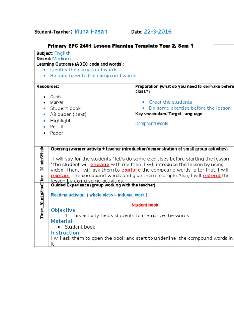 Lesson Plan English Compound Words | PDF | Lesson Plan | Reading (Process)