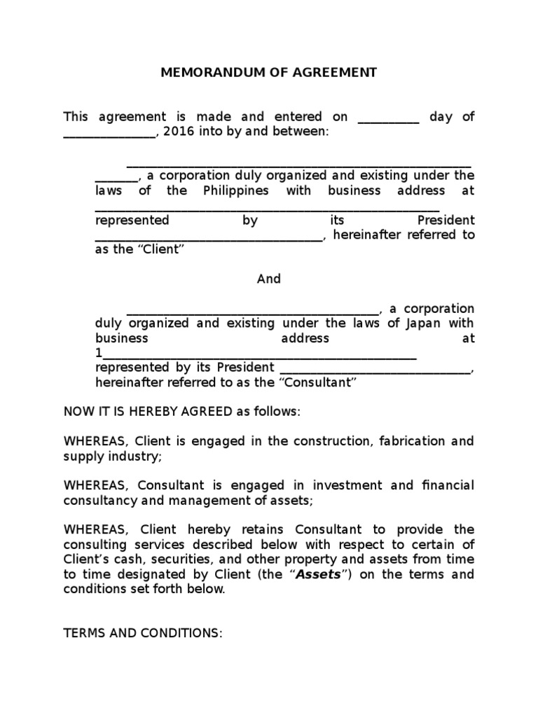 Draft Memorandum of Agreement | Investment Management | Asset Allocation
