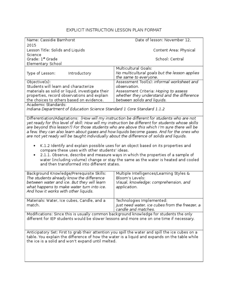 Explicit Instruction Lesson Plan Format | PDF | Ice | Educational Assessment